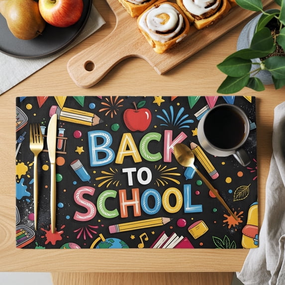 Back to School Placemats Set of 2, Red Fruit Pencils Earth Globe Modern ...