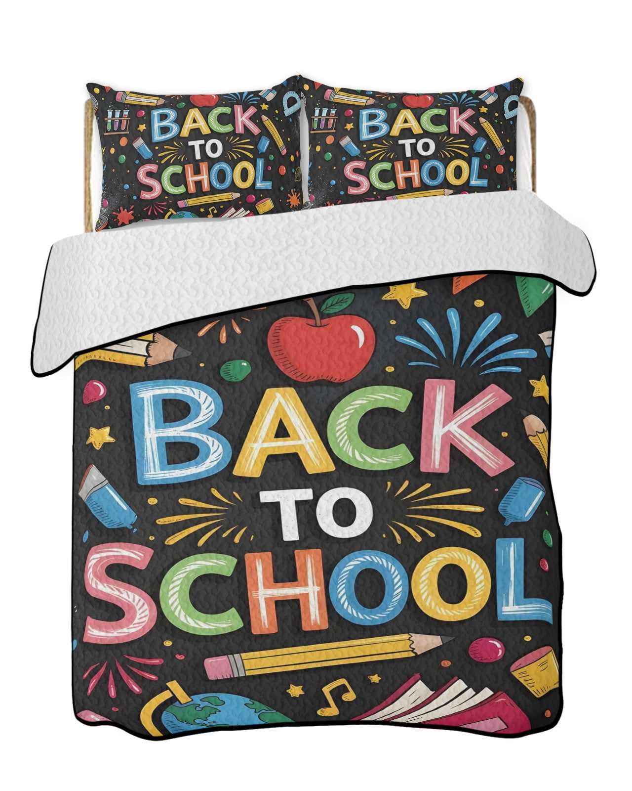 Back to School Quilts Bedding Set Full Size Red Fruit Pencils Earth ...