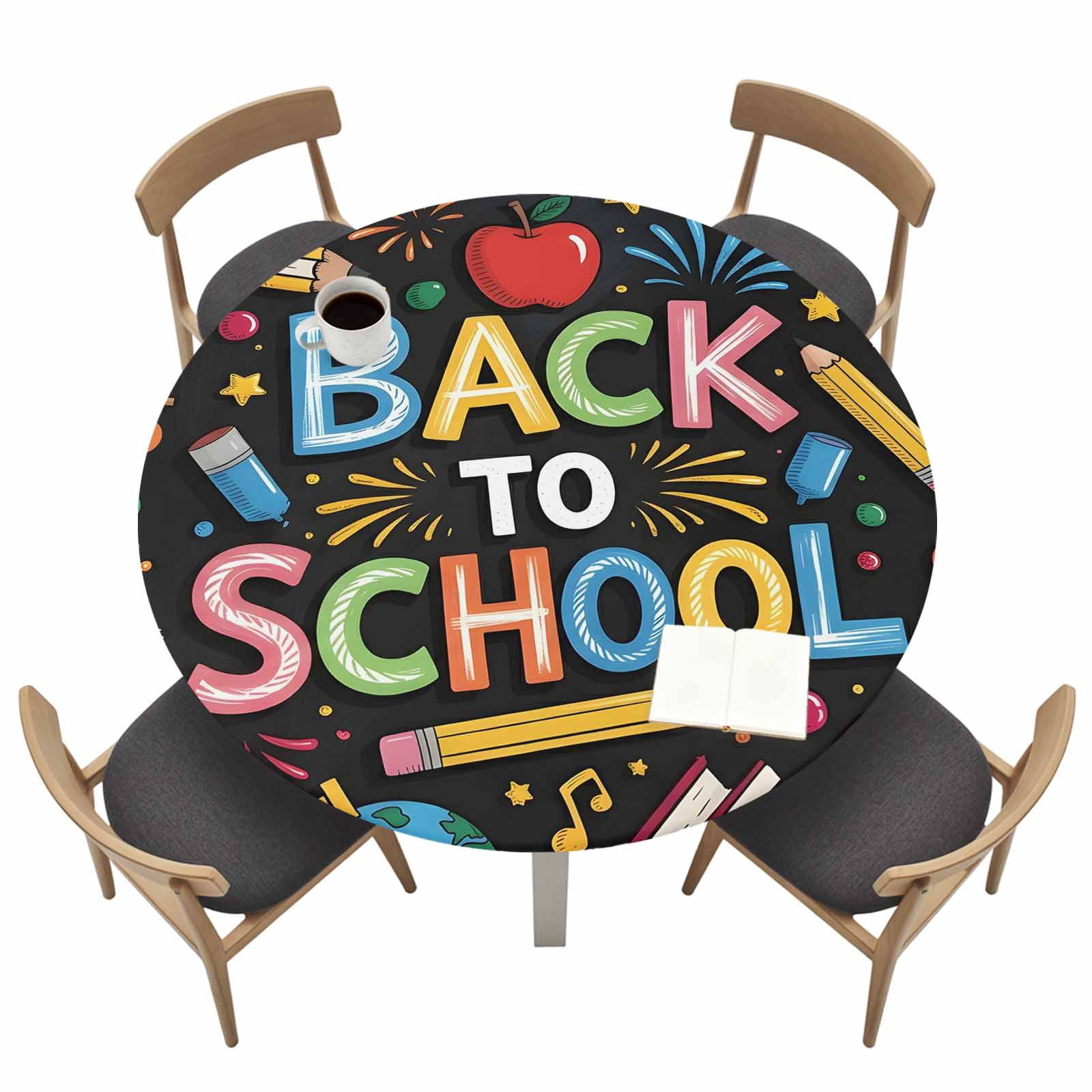 Back to School Round Fitted Table Cover Red Fruit Pencils Earth Globe ...