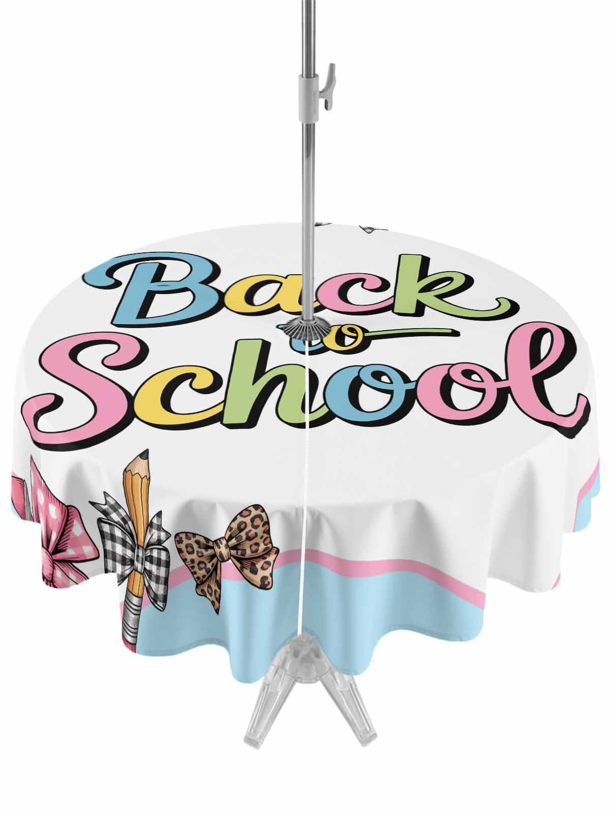 Back To School Round Outdoor Tablecloth with Umbrella Hole Pink Plaid ...