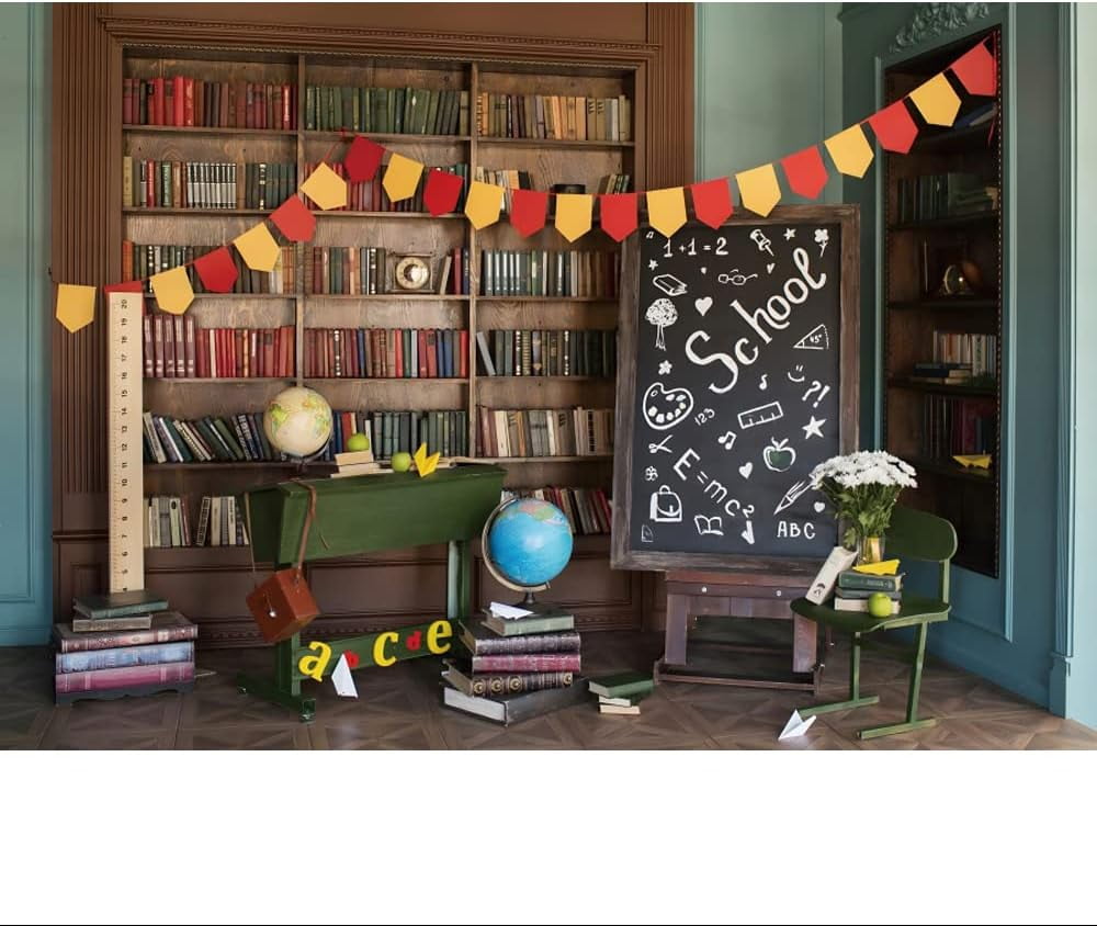 Back to School Theme Backdrop, Vintage Bookcase Blackboard Photography ...