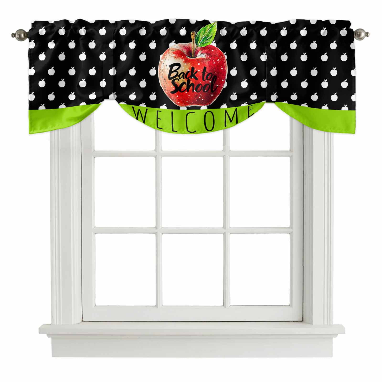 Back to School Tie Up Valance Curtains Red Fruit Black Background ...