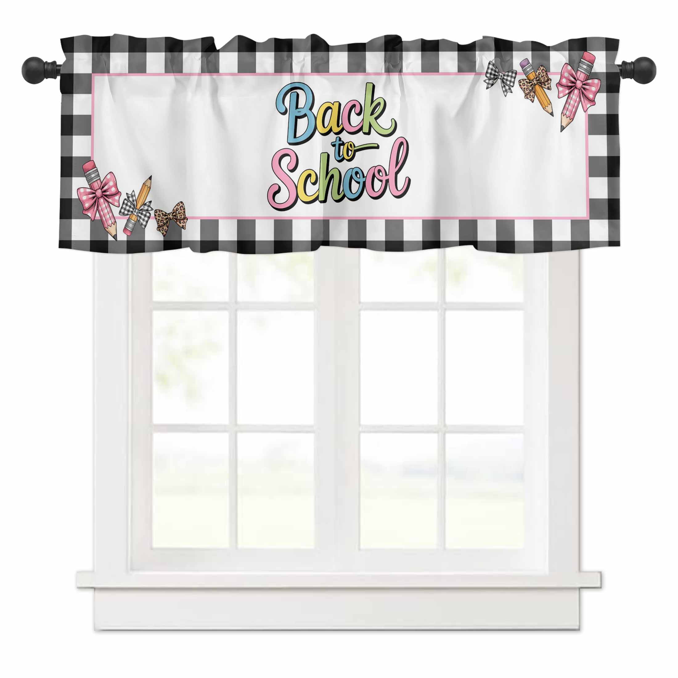 Back To School Valances for Windows Pink Bow Pencil Black Plaid Campus ...