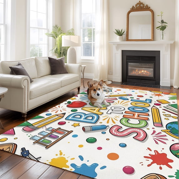 Back to School Washable Area Rug 8x10 Red Fruit Pencils Earth Globe ...
