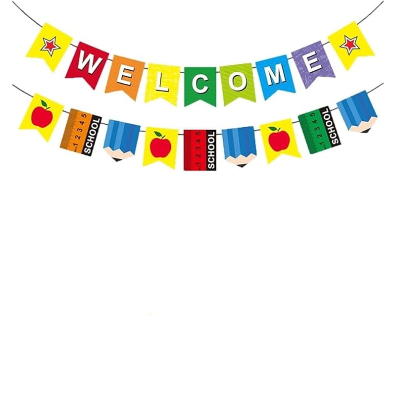 Back to School Welcome Banner Pencil Apple Banner Party Pull Flags ...
