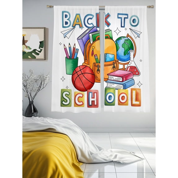 Back To School Words Sheer Curtains 2 Panels Set Watercolor Crayon Bag ...