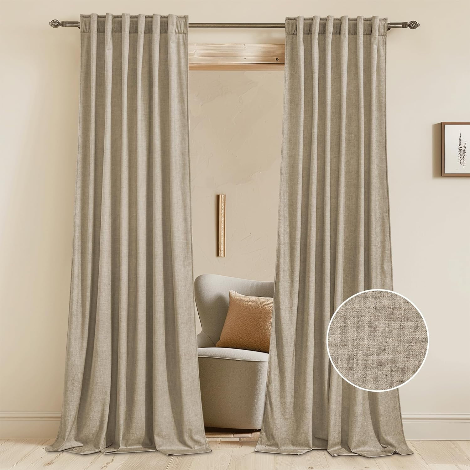 Back Tab Luxury Velvet Curtains Camel Beige Print Linen Look Window ...