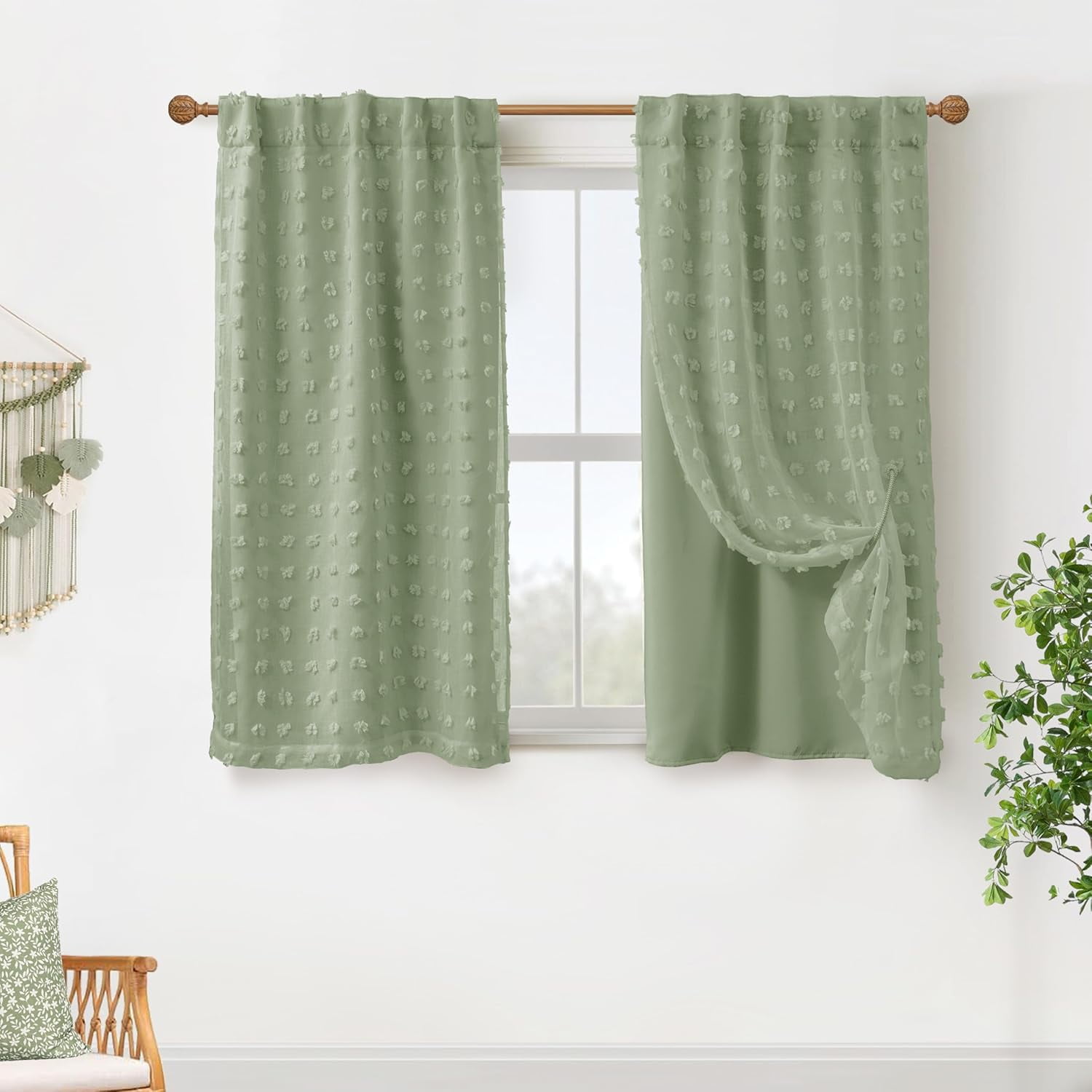 Back Tab Pom Pom Sage Green Curtains for Girls Room Bedroom Bathroom ...