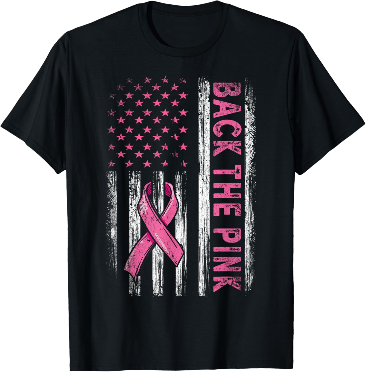 Back The Pink Ribbon American Flag Breast Cancer Awareness T-Shirt ...