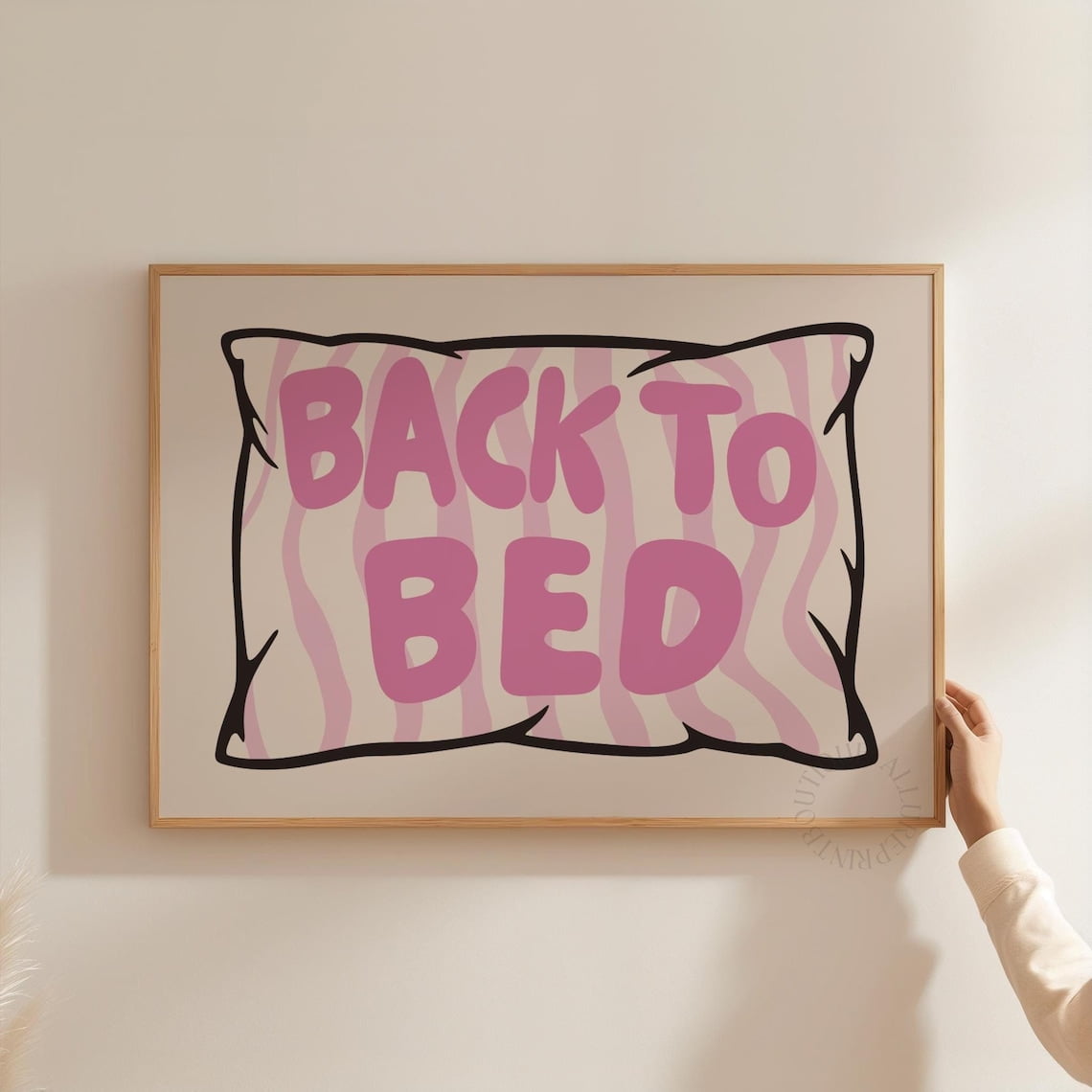 Back To Bed Print Poster, Pink Hand Drawn Pillow Poster, Mid Century ...