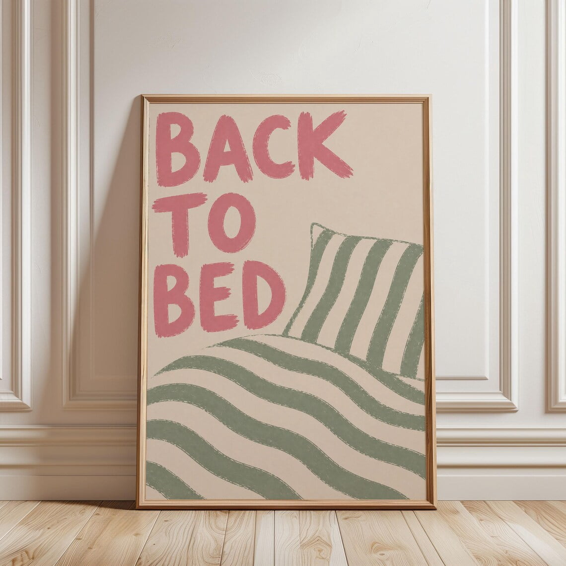 Back To Bed Wall Art Print, Sage Green Pink Stripe Funny Bedroom Poster ...