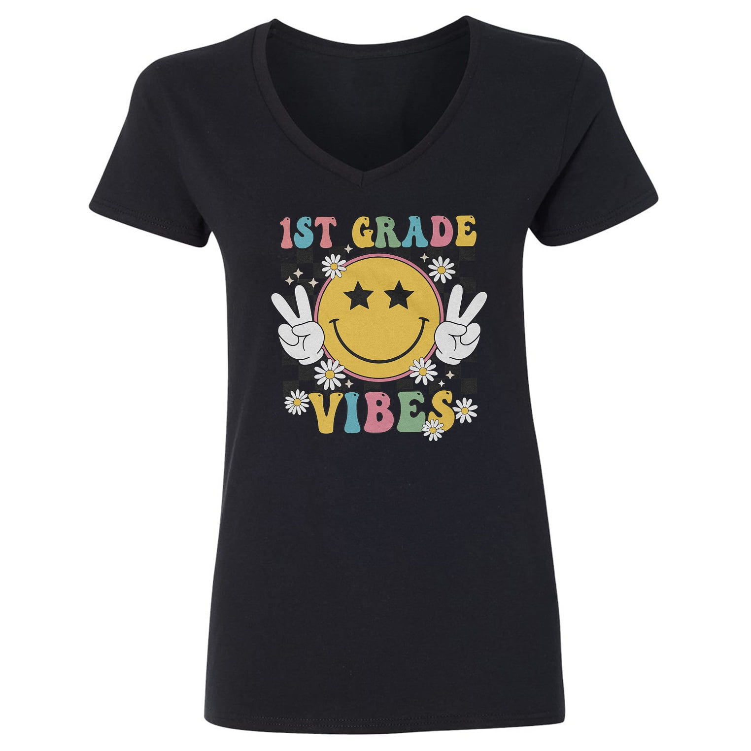 Back To School 1st Grade Vibes - Smile Face Retro Ladies' V-Neck Tshirt ...