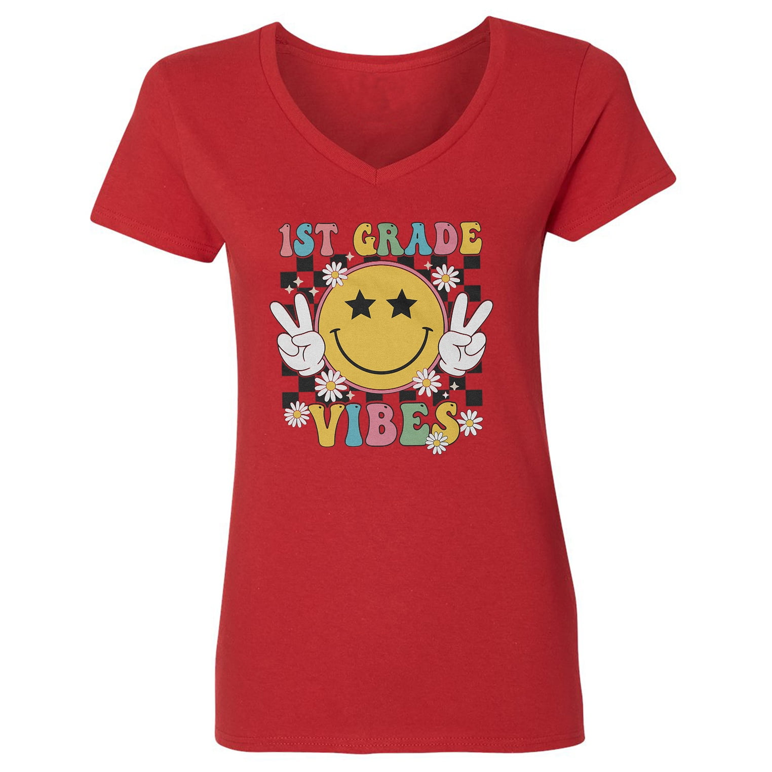 Back To School 1st Grade Vibes - Smile Face Retro Ladies' V-Neck Tshirt ...