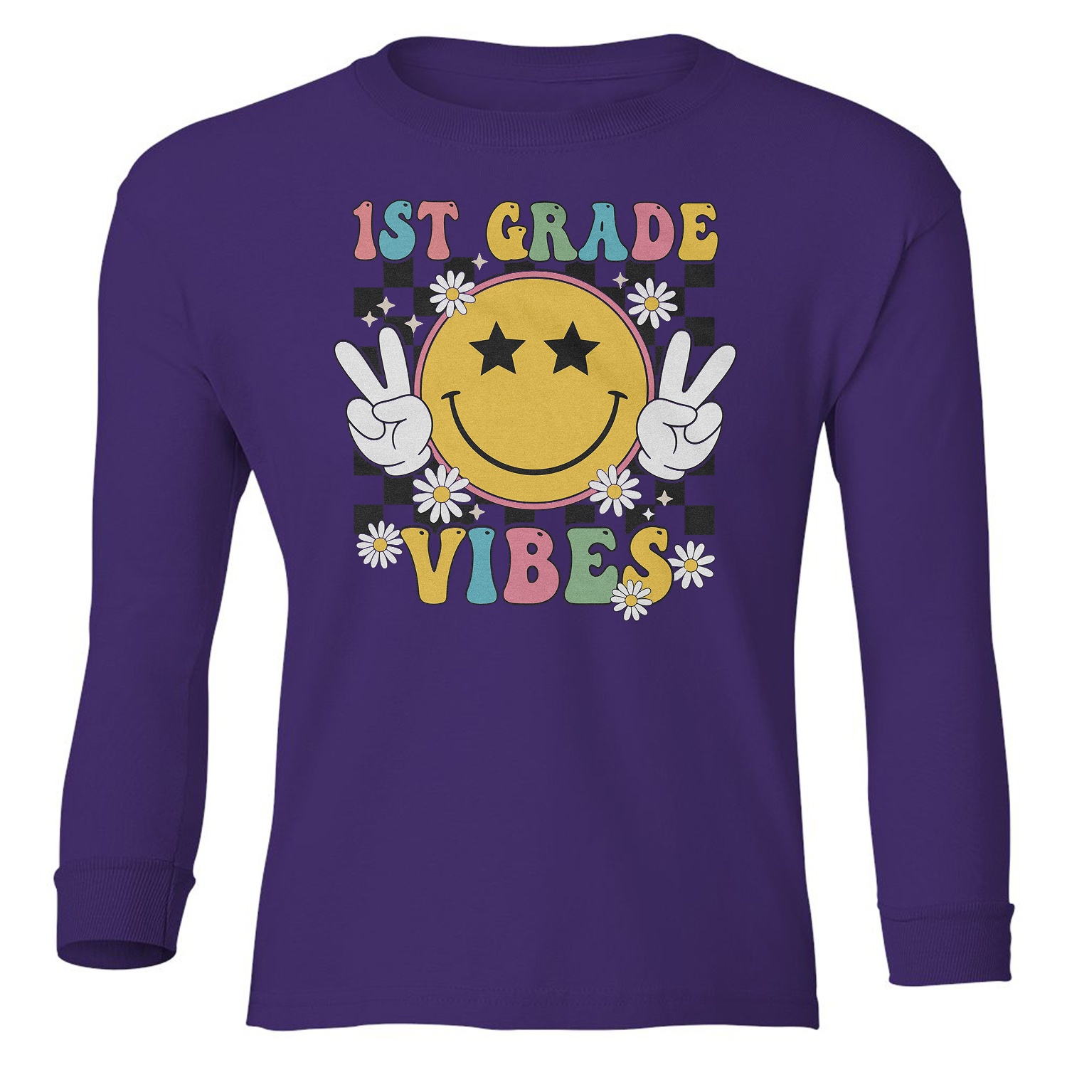 Back To School 1st Grade Vibes - Smile Face Retro Youth Long Sleeve T ...