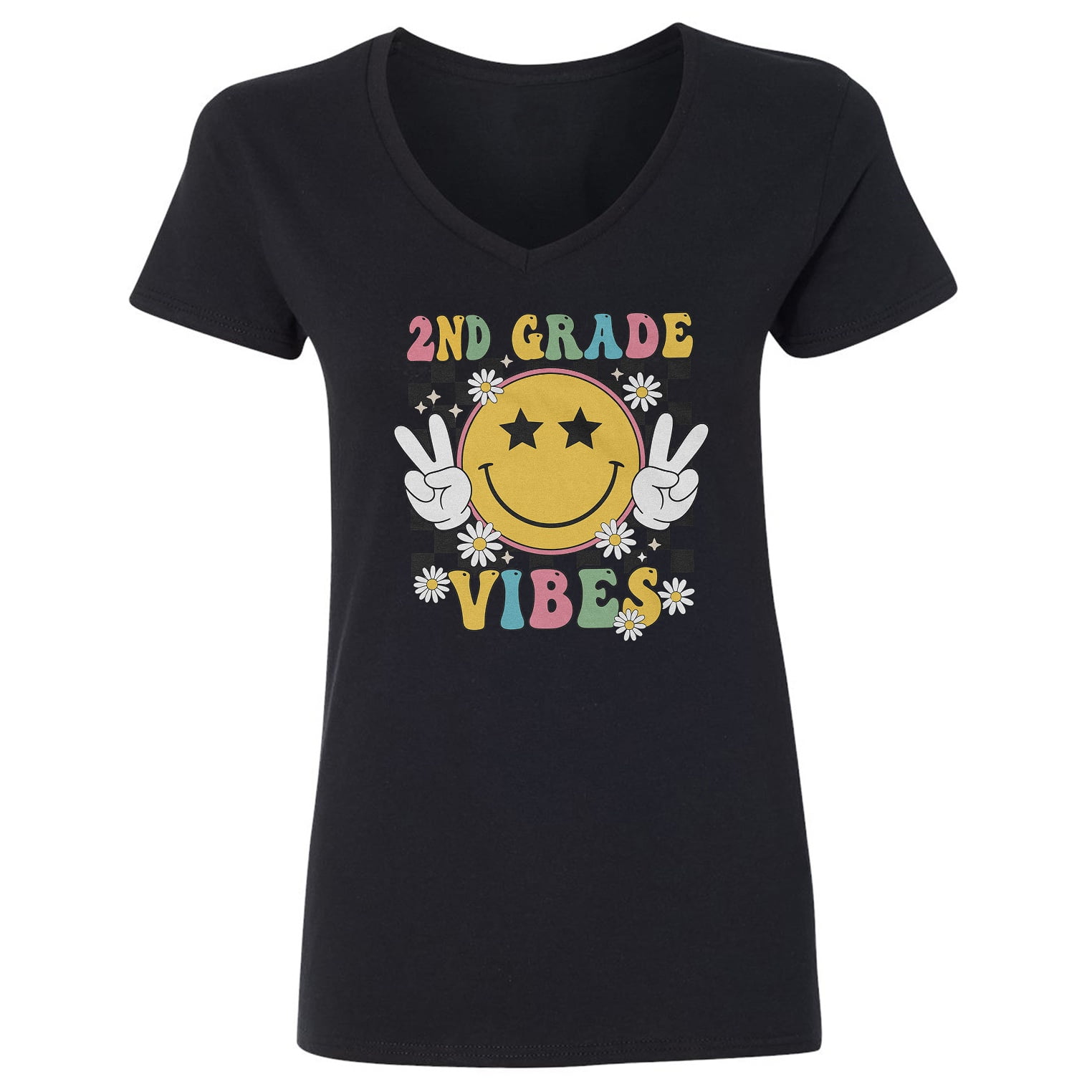 Back To School 2nd Grade Vibes - Smile Face Retro Ladies' V-Neck Tshirt ...