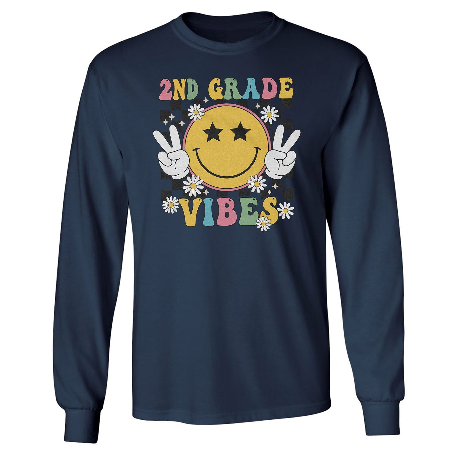 Back To School 2nd Grade Vibes - Smile Face Retro Long Sleeve T-Shirt ...