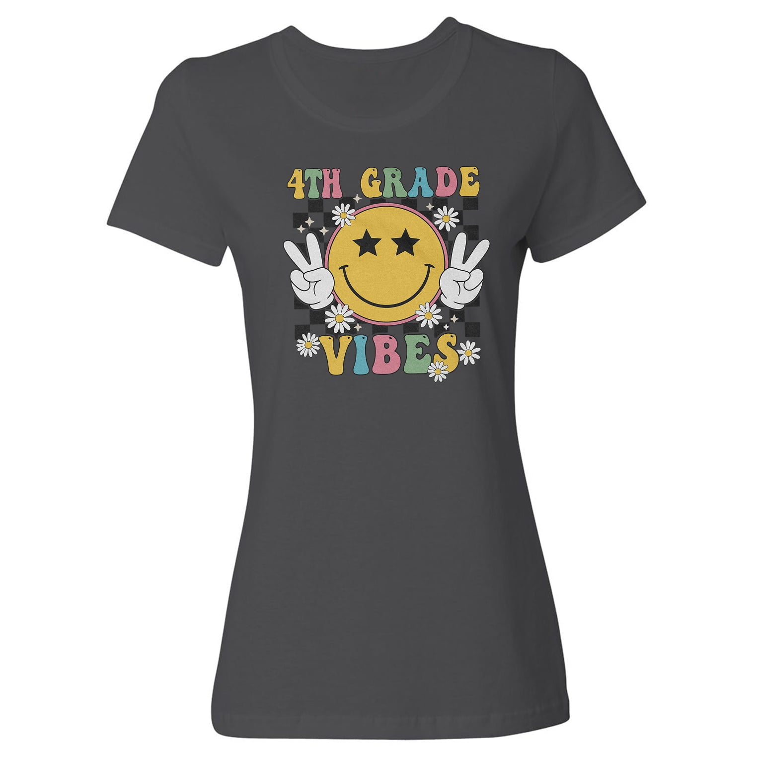 Back To School 4th Grade Vibes - Smile Face Retro Ladies' Crewneck T-Shirt (Gray, Medium ...