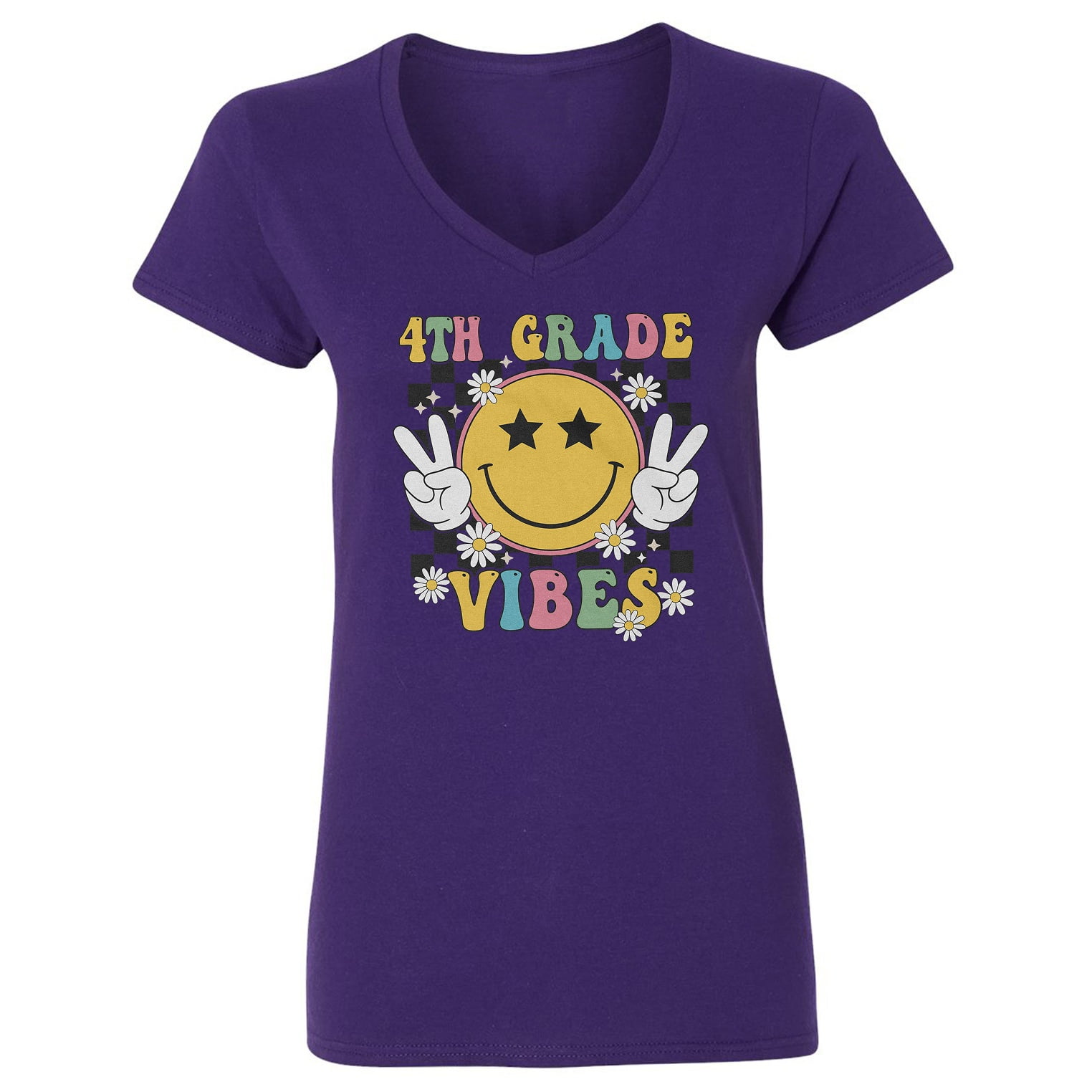 Back To School 4th Grade Vibes - Smile Face Retro Ladies' V-Neck Tshirt ...