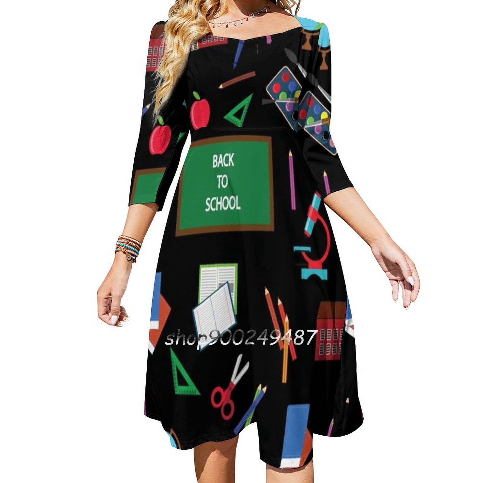 Back To School Flare Dress Square Neck Dress Elegant Female Fashion ...