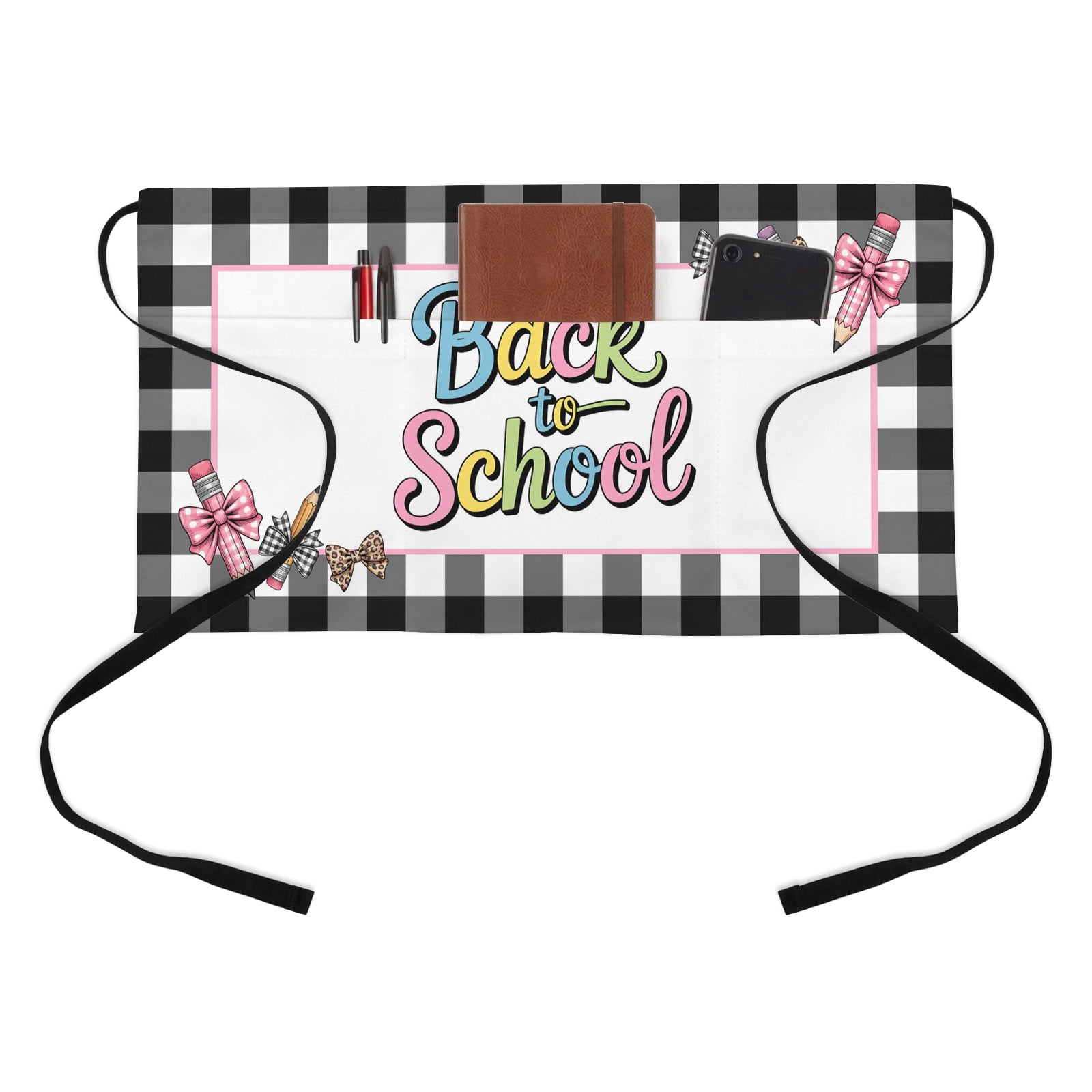 Back To School Half Waist Apron Pink Bow Pencil Black Plaid Campus ...