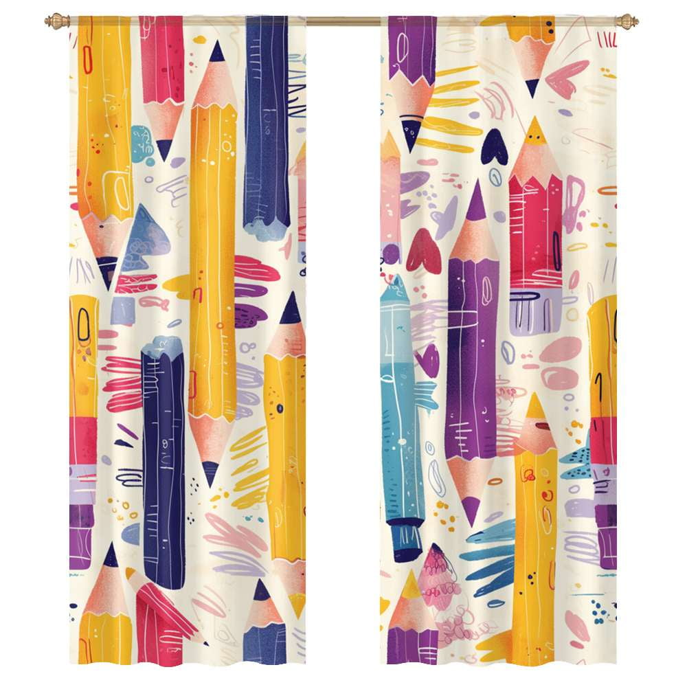 Back To School Messy Pencils Art Sheer Window Curtains for Living Room ...