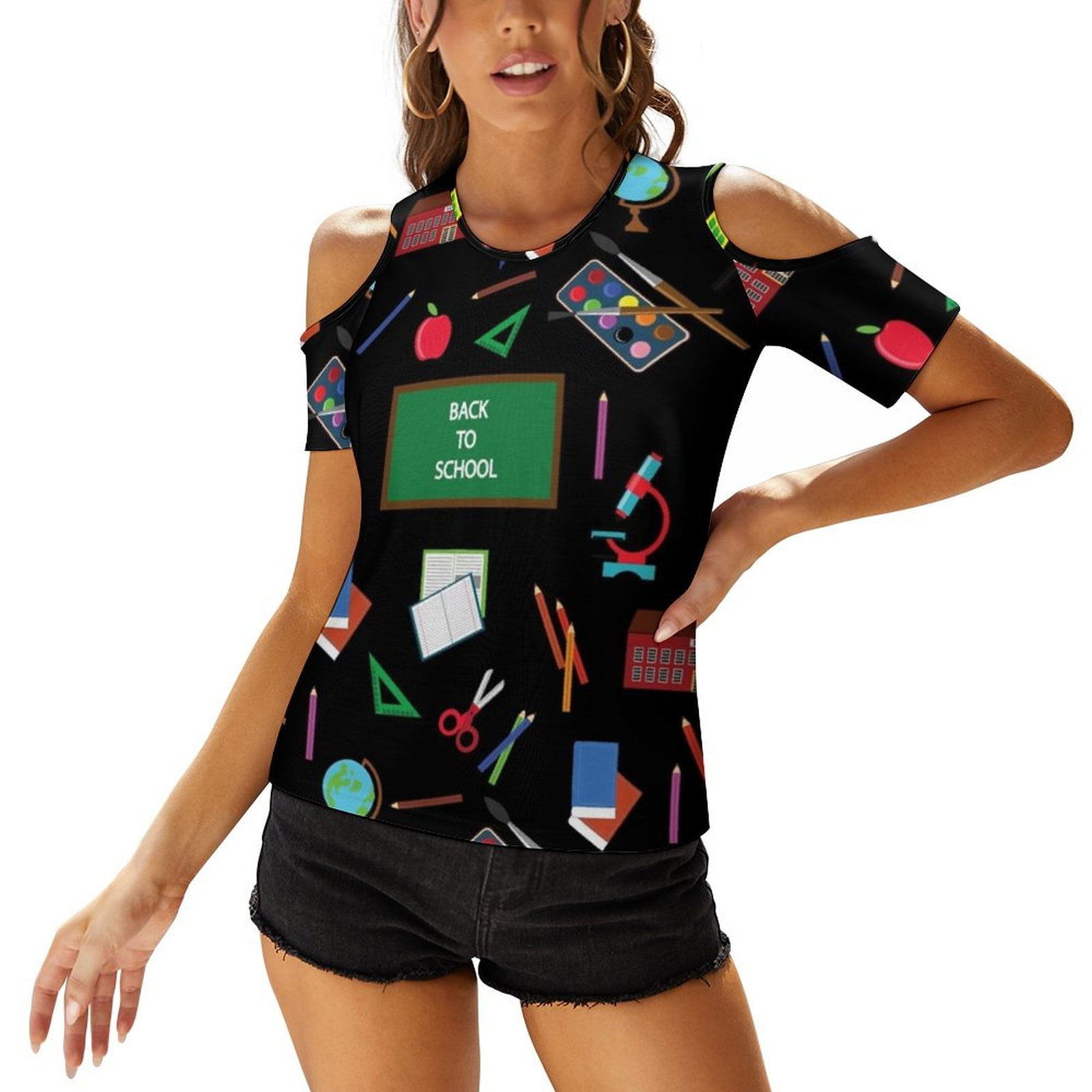 Back To School New Fashion Zip Off Shoulder Top Short-Sleeve Women Shirt Back To School Pattern ...