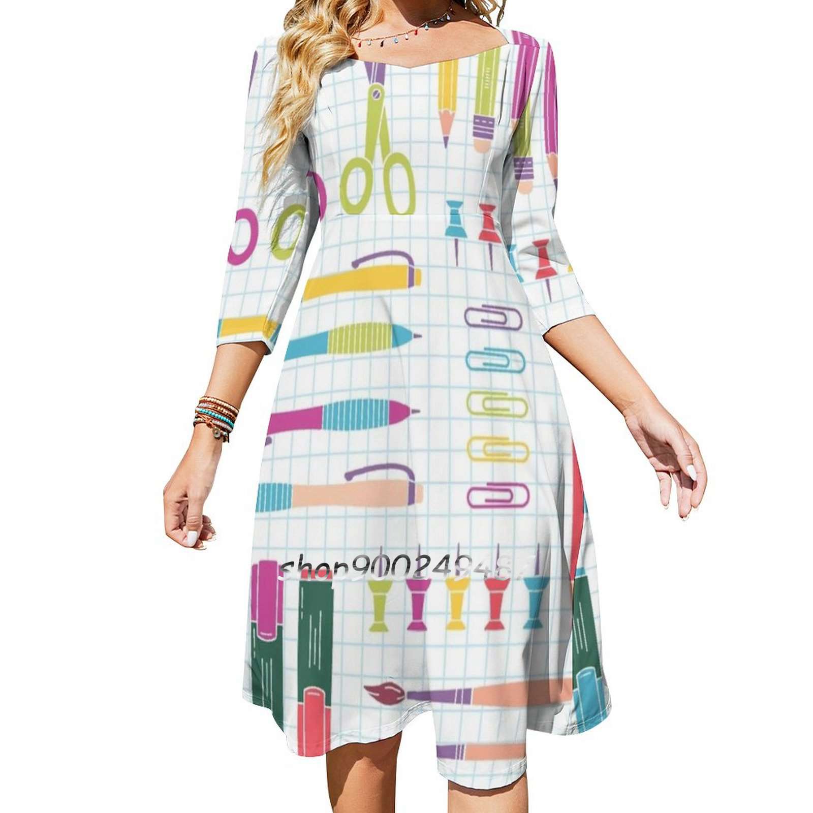 Back To School Square Neck Dress New Plus Size Elegant Women Waist ...