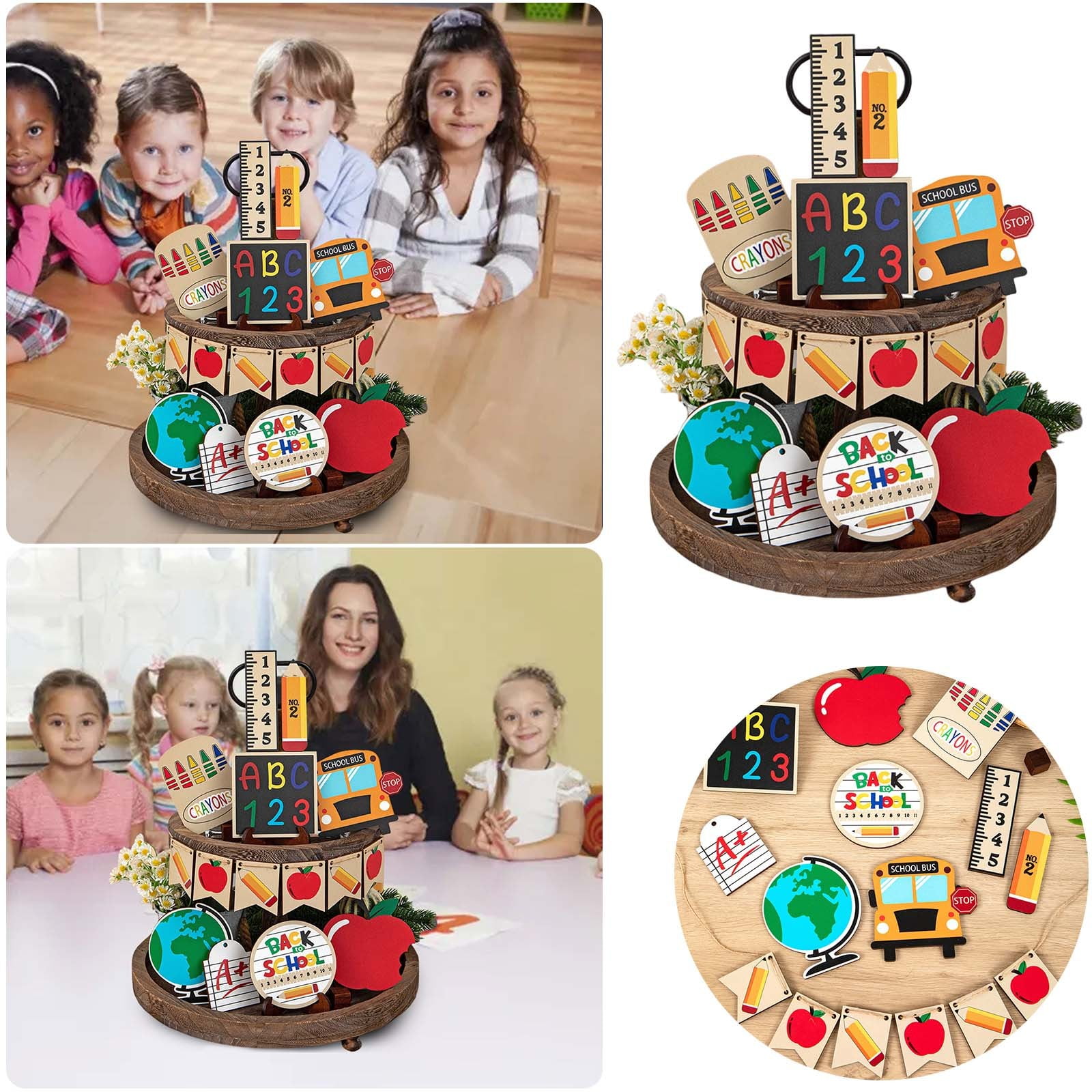 Back To School Tiered Tray Classroom Wooden Table Centerpiece With Car ...