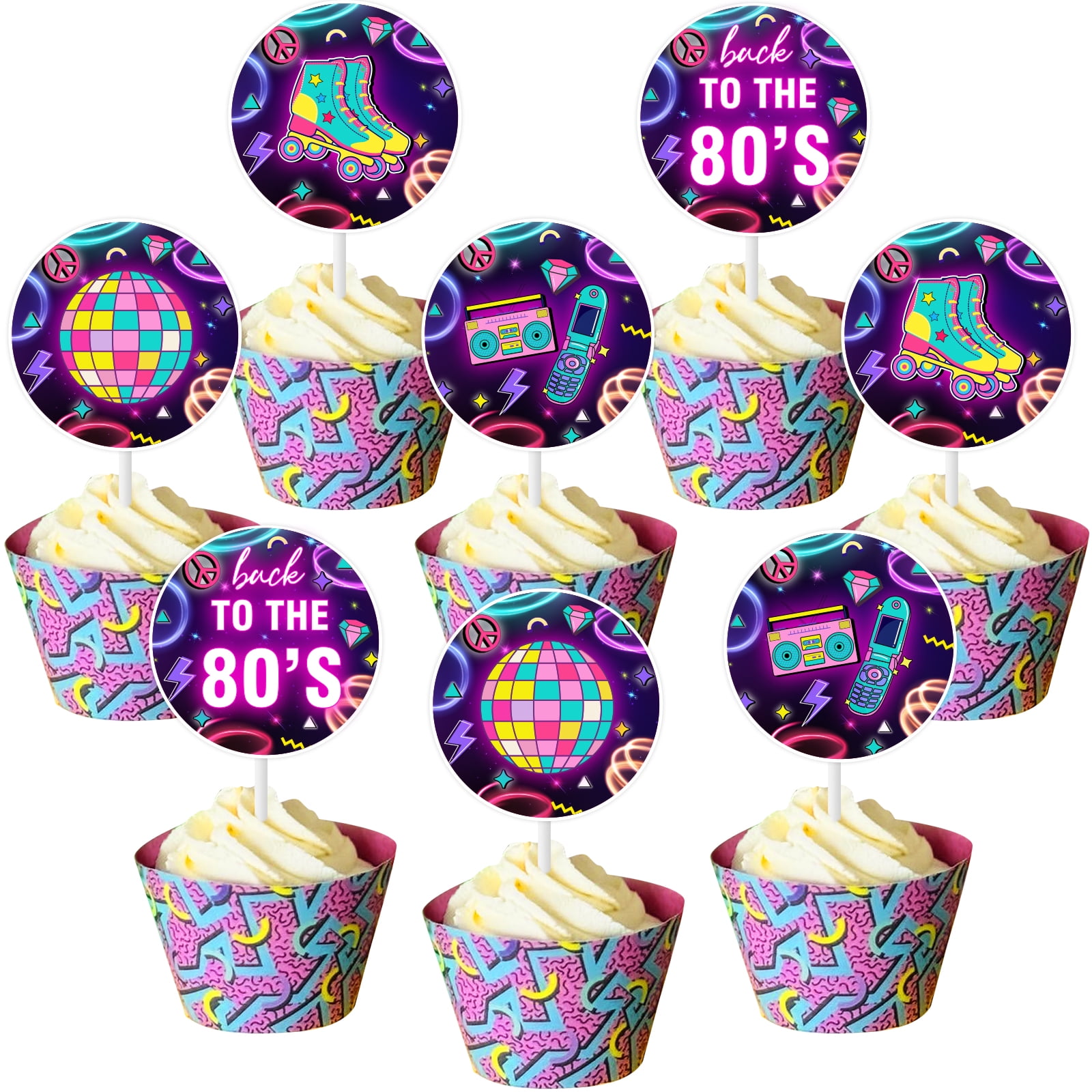 Back To The 80s Theme Party Decorations, 24PCS Back To The 80s Cupcake ...