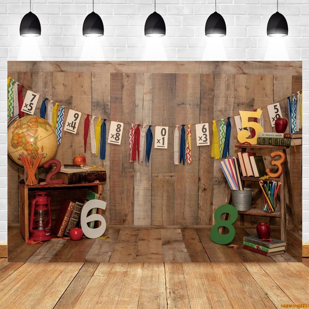 Back to School Backdrop Blackboard Vintage Wood Wall Globe Books Childr ...