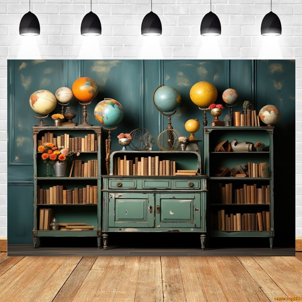 Back to School Backdrop Blackboard Vintage Wood Wall Globe Books Childr ...
