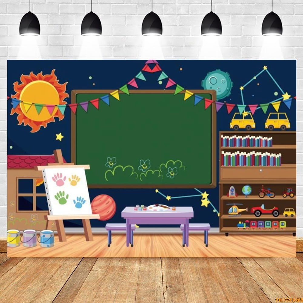 Back to School Backdrop Blackboard Vintage Wood Wall Globe Books Childr ...