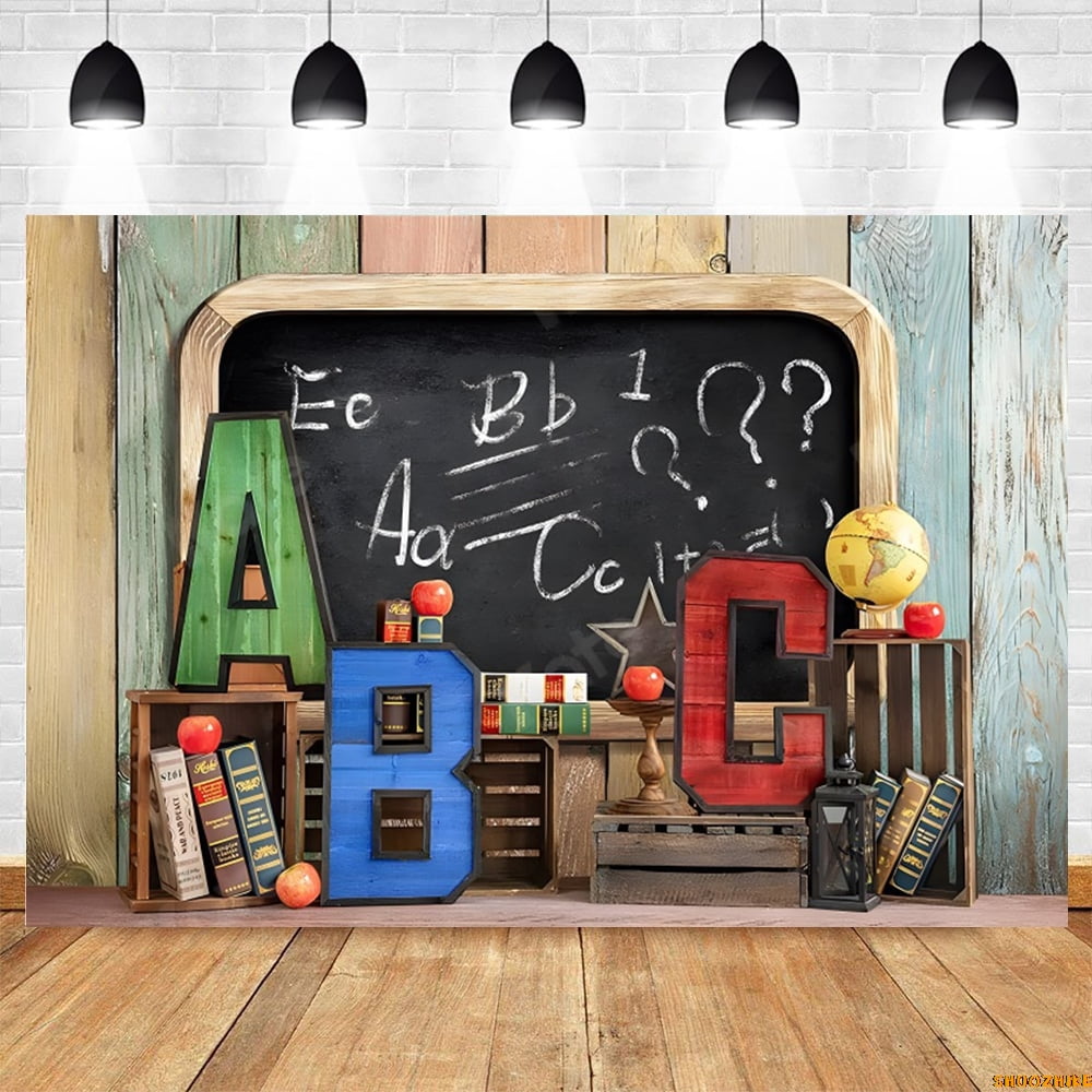 Back to School Backdrop Blackboard Vintage Wood Wall Globe Books Childr ...