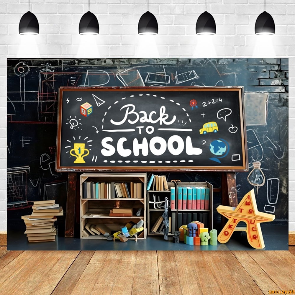 Back to School Backdrop Blackboard Vintage Wood Wall Globe Books Childr ...