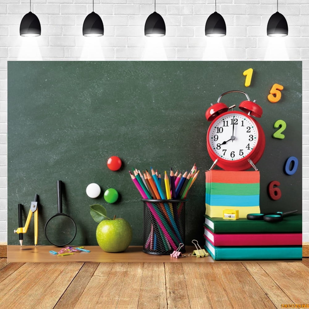 Back to School Backdrop Blackboard Vintage Wood Wall Globe Books Childr ...