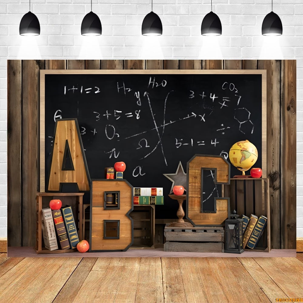 Back to School Backdrop Blackboard Vintage Wood Wall Globe Books Childr ...