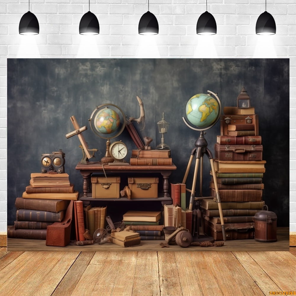 Back to School Backdrop Blackboard Vintage Wood Wall Globe Books Childr ...