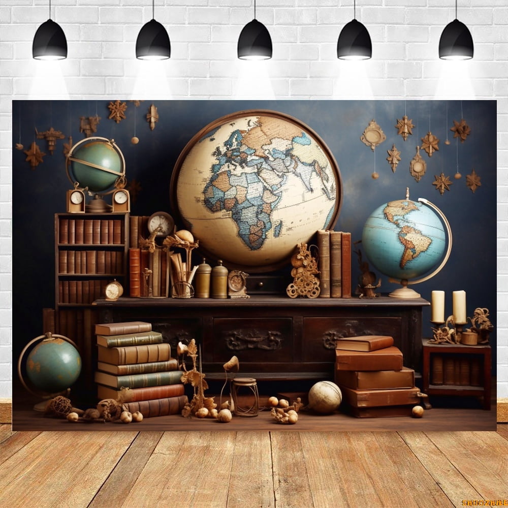 Back to School Backdrop Blackboard Vintage Wood Wall Globe Books Childr ...