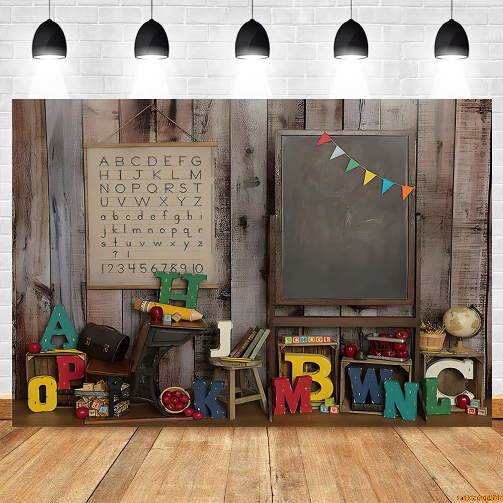 Back to School Backdrop Blackboard Vintage Wood Wall Globe Books Childr ...