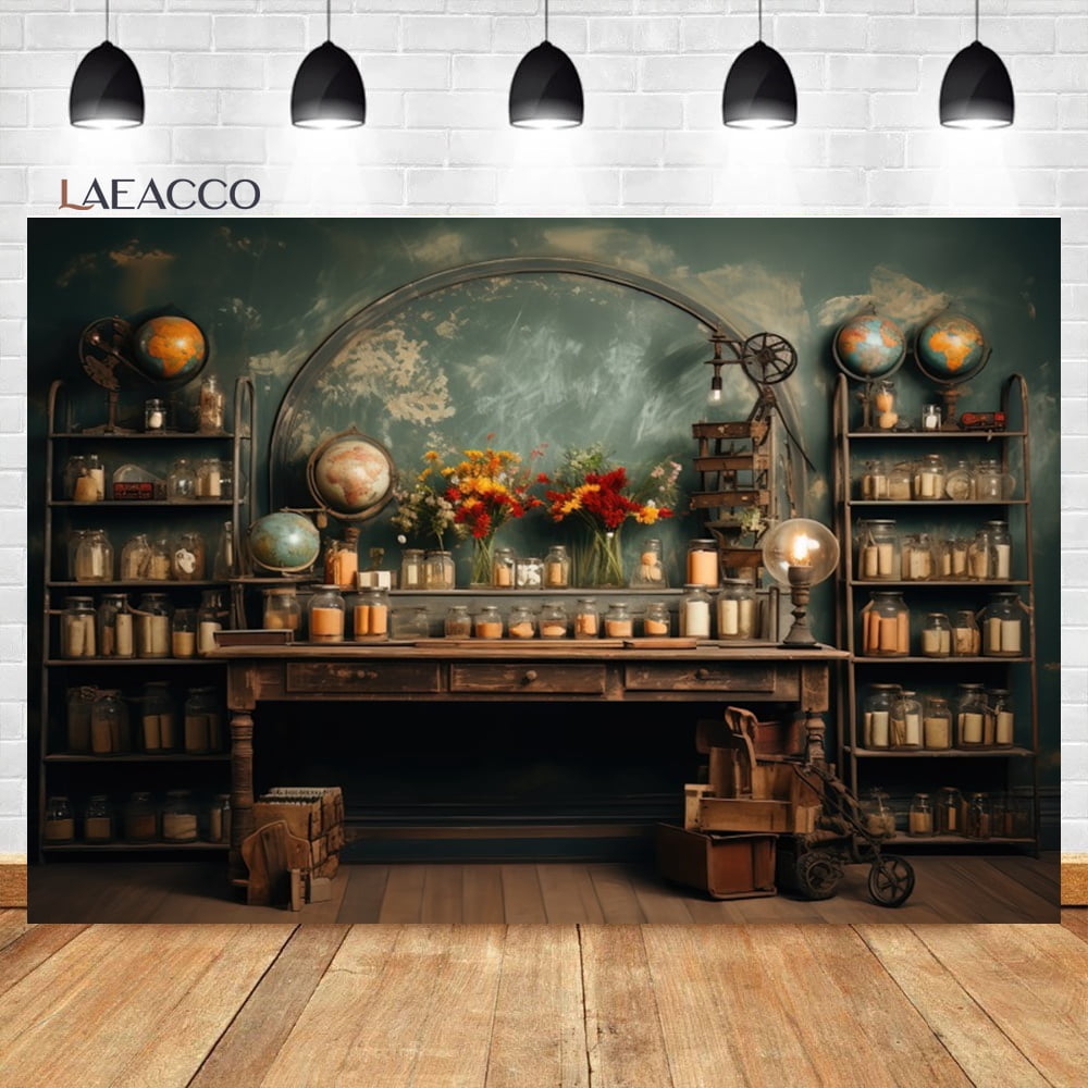 Back to School Backdrop Classroom Globe Bookshelf Photography ...