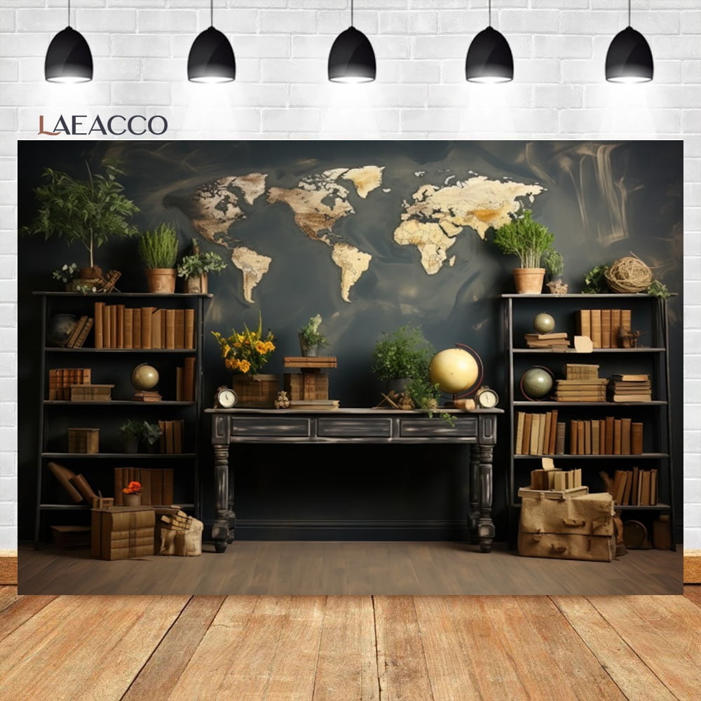 Back to School Backdrop Classroom Globe Bookshelf Photography ...