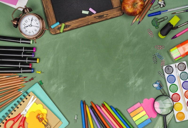 Back to School Backdrop Colorful Pencils Drawing Blackboard Note Books ...