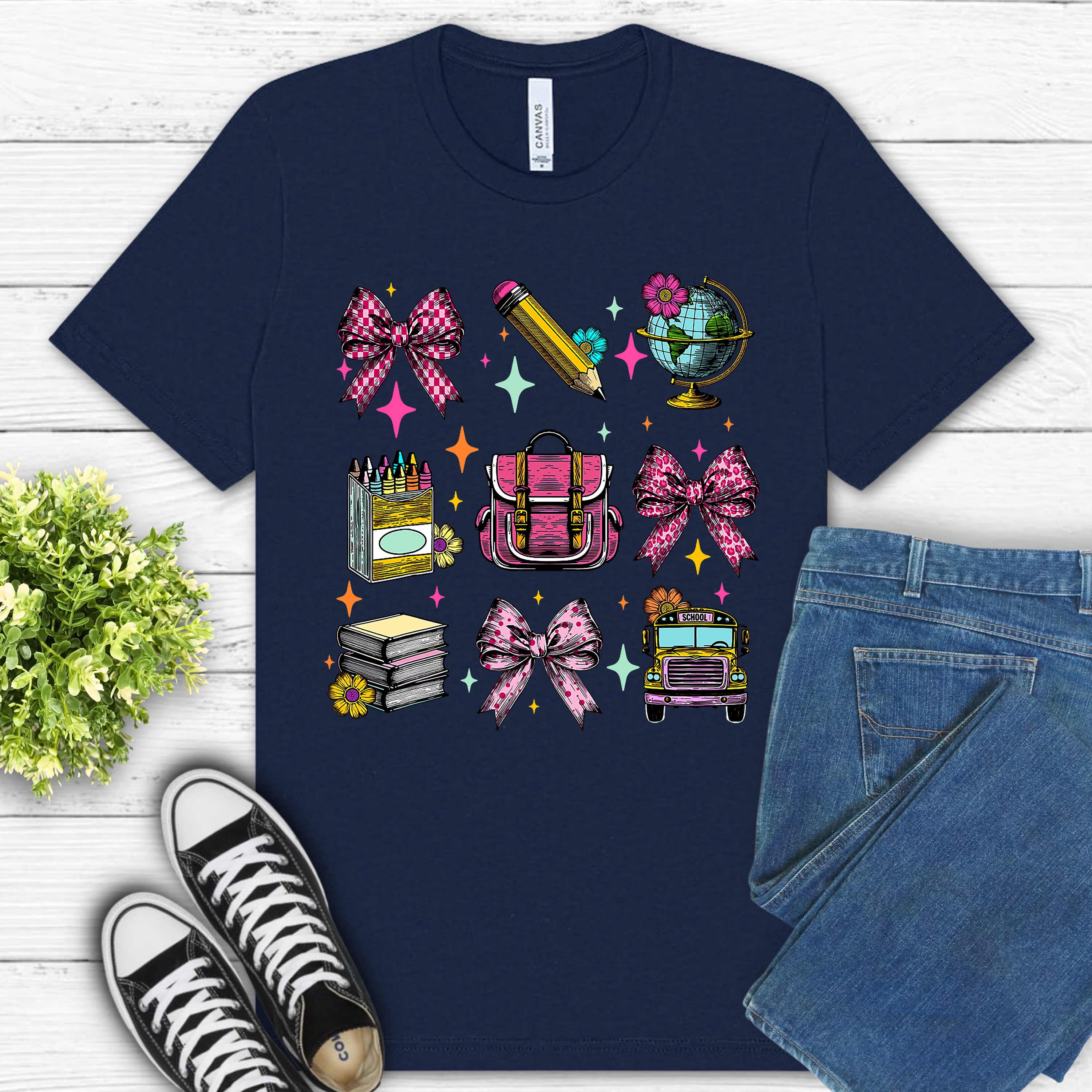 Back to School Bow Shirt – Cute Pink Crayon Books Backpack Graphic Tee ...