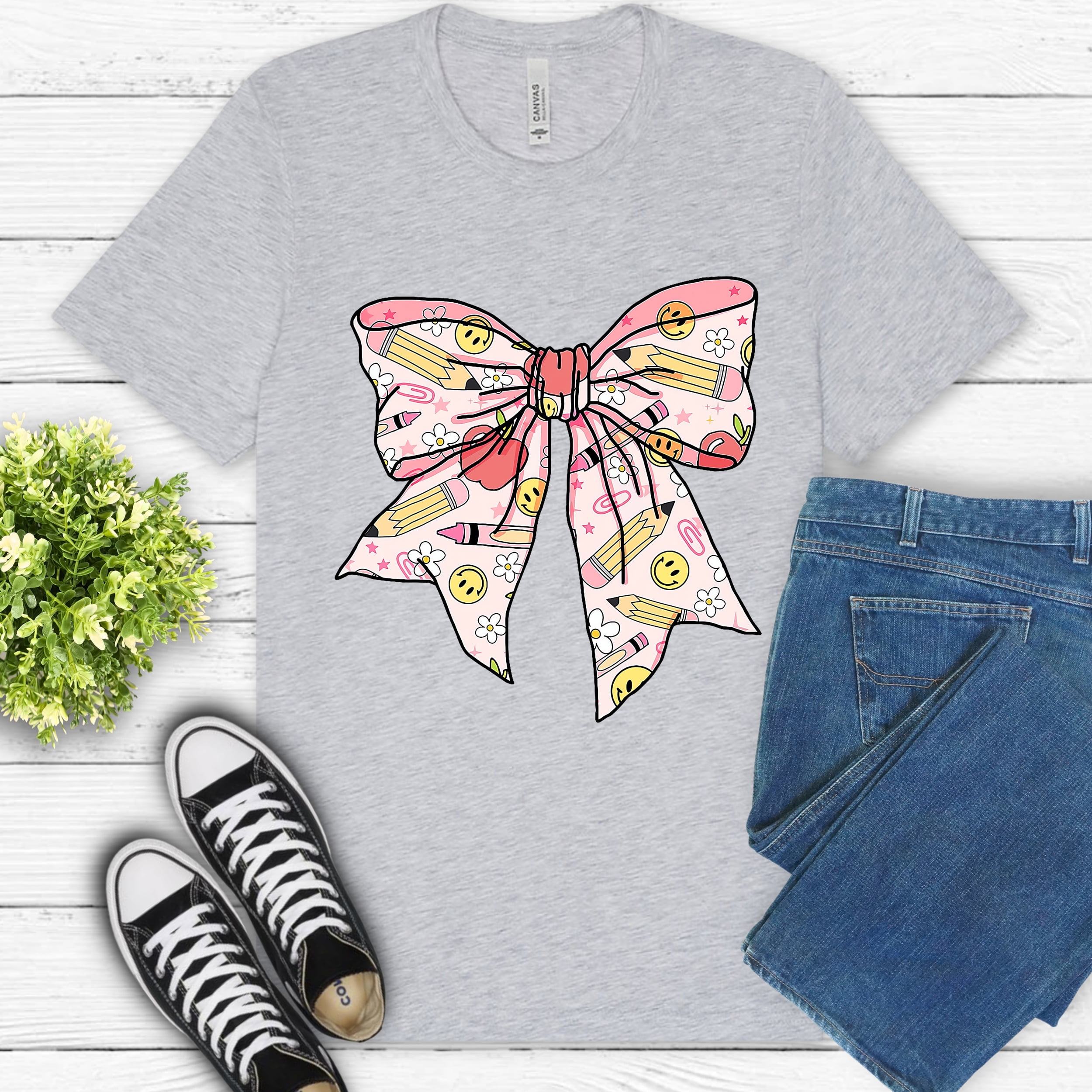 Back to School Bow Shirt – Cute Pink Smiley Paperclip Floral Teacher ...