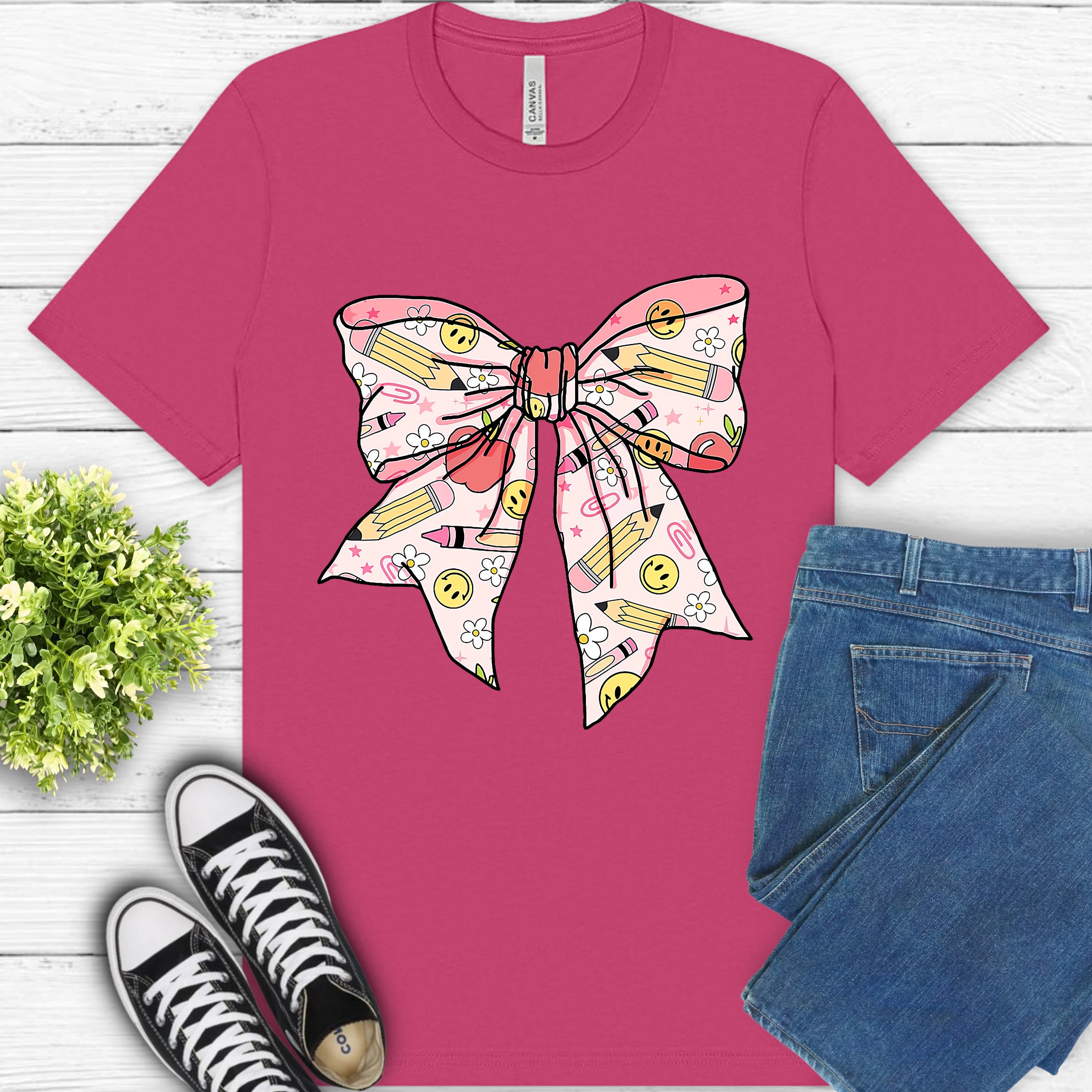 Back to School Bow Shirt – Cute Pink Smiley Paperclip Floral Teacher ...