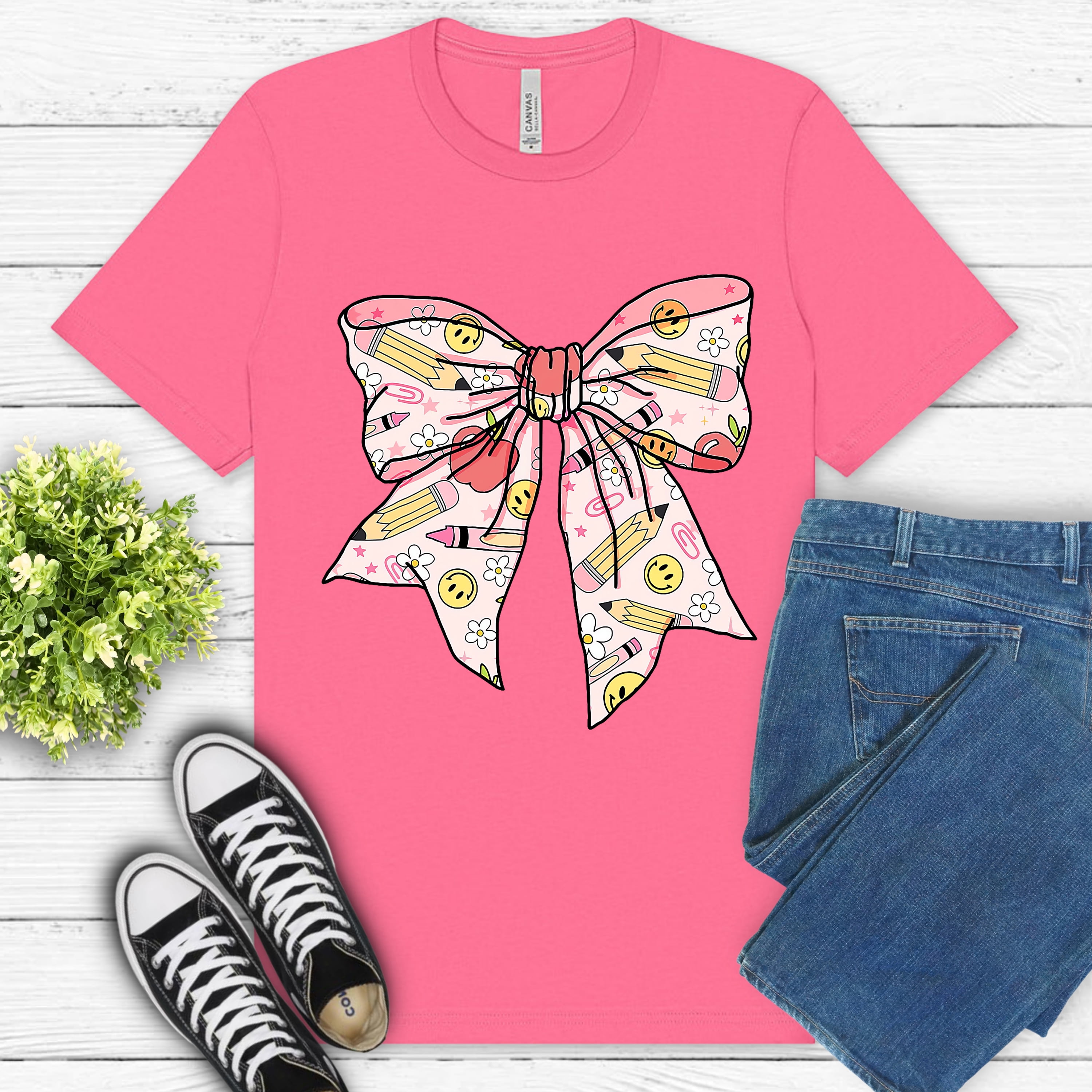 Back to School Bow Shirt – Cute Pink Smiley Paperclip Floral Teacher ...