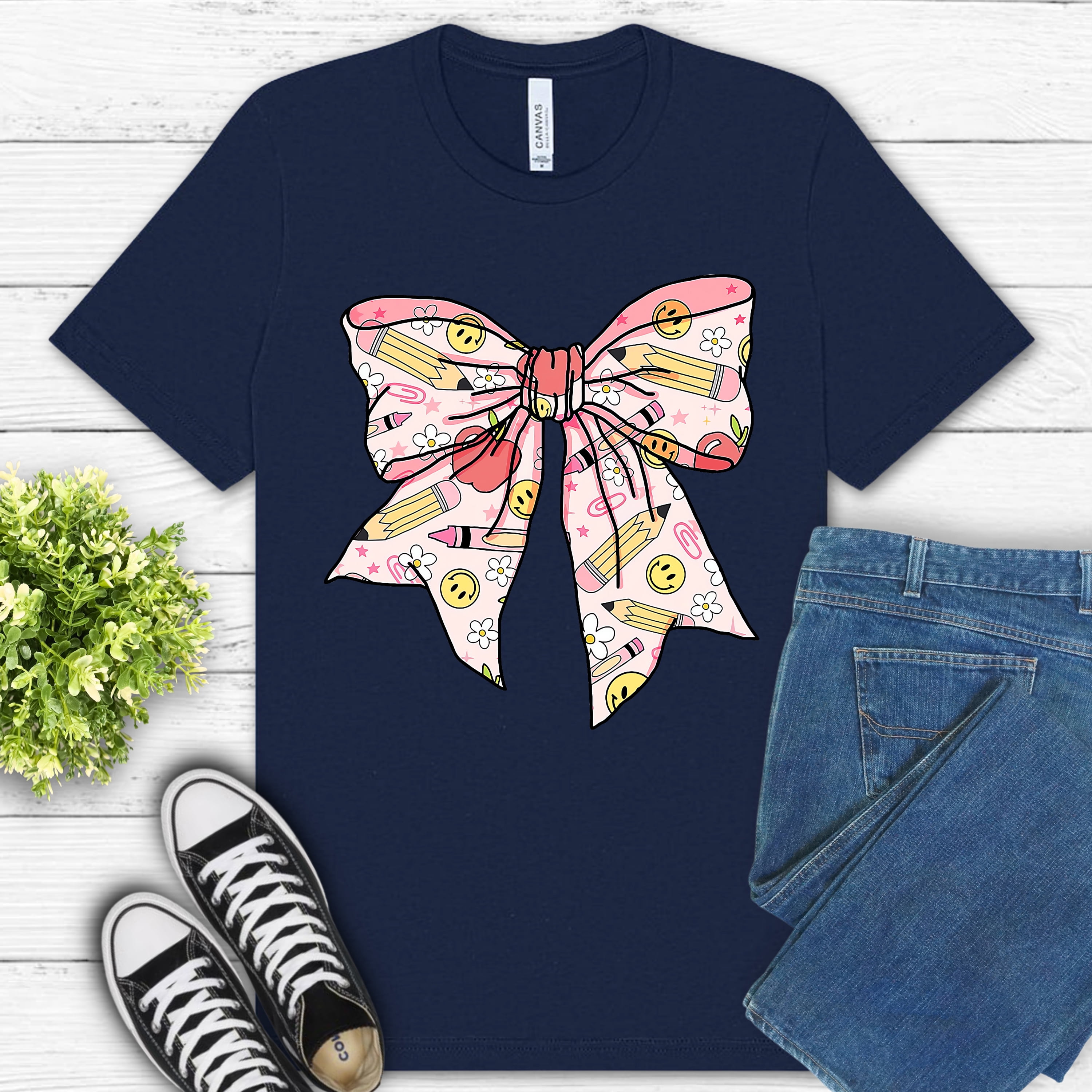 Back to School Bow Shirt – Cute Pink Smiley Paperclip Floral Teacher ...