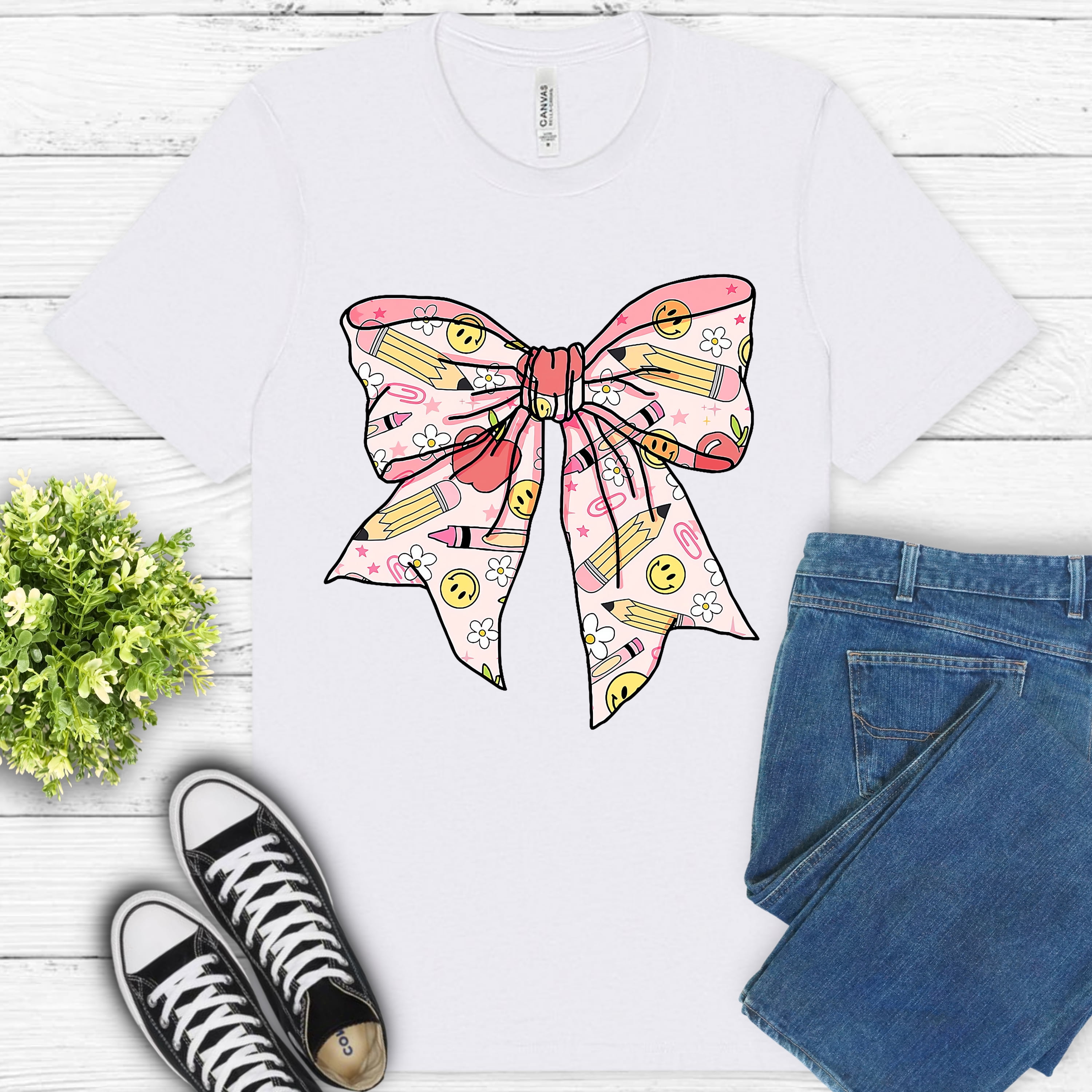 Back to School Bow Shirt – Cute Pink Smiley Paperclip Floral Teacher ...