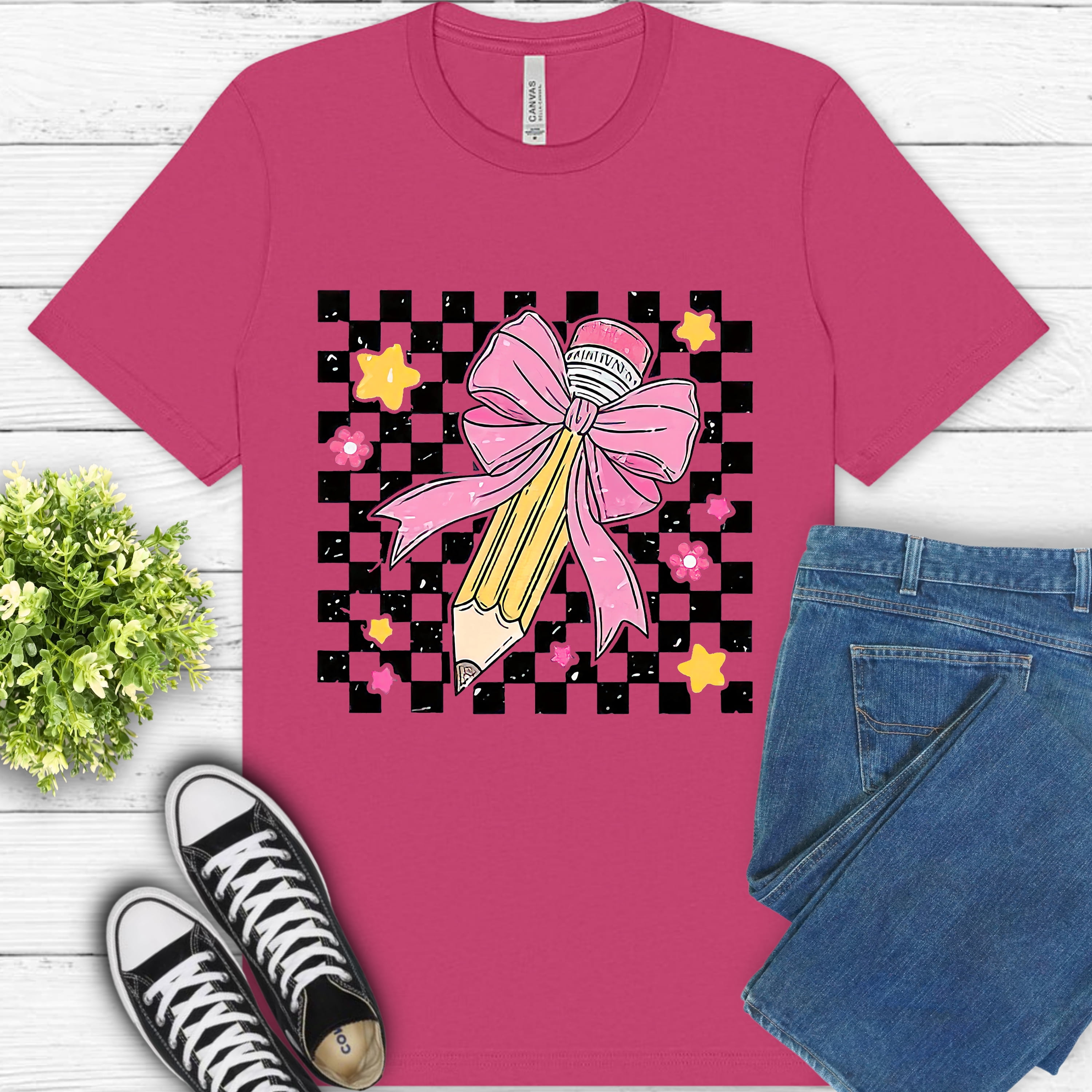 Back to School Checkerboard Shirt – Cute Bow and Floral Classroom Tee ...