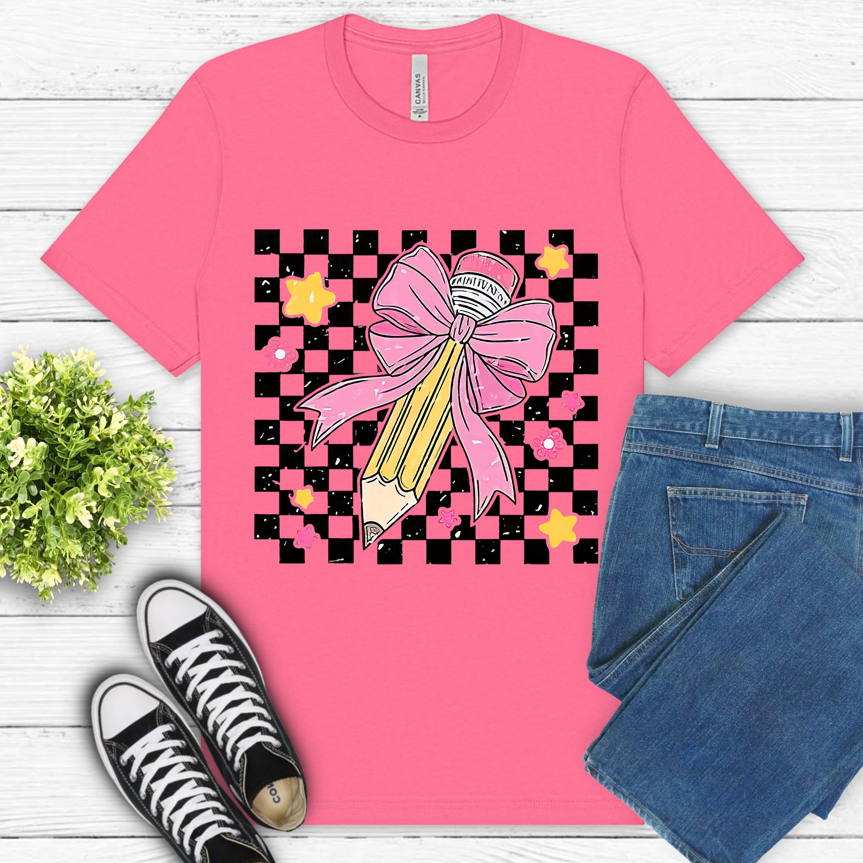 Back to School Checkerboard Shirt – Cute Bow and Floral Classroom Tee ...